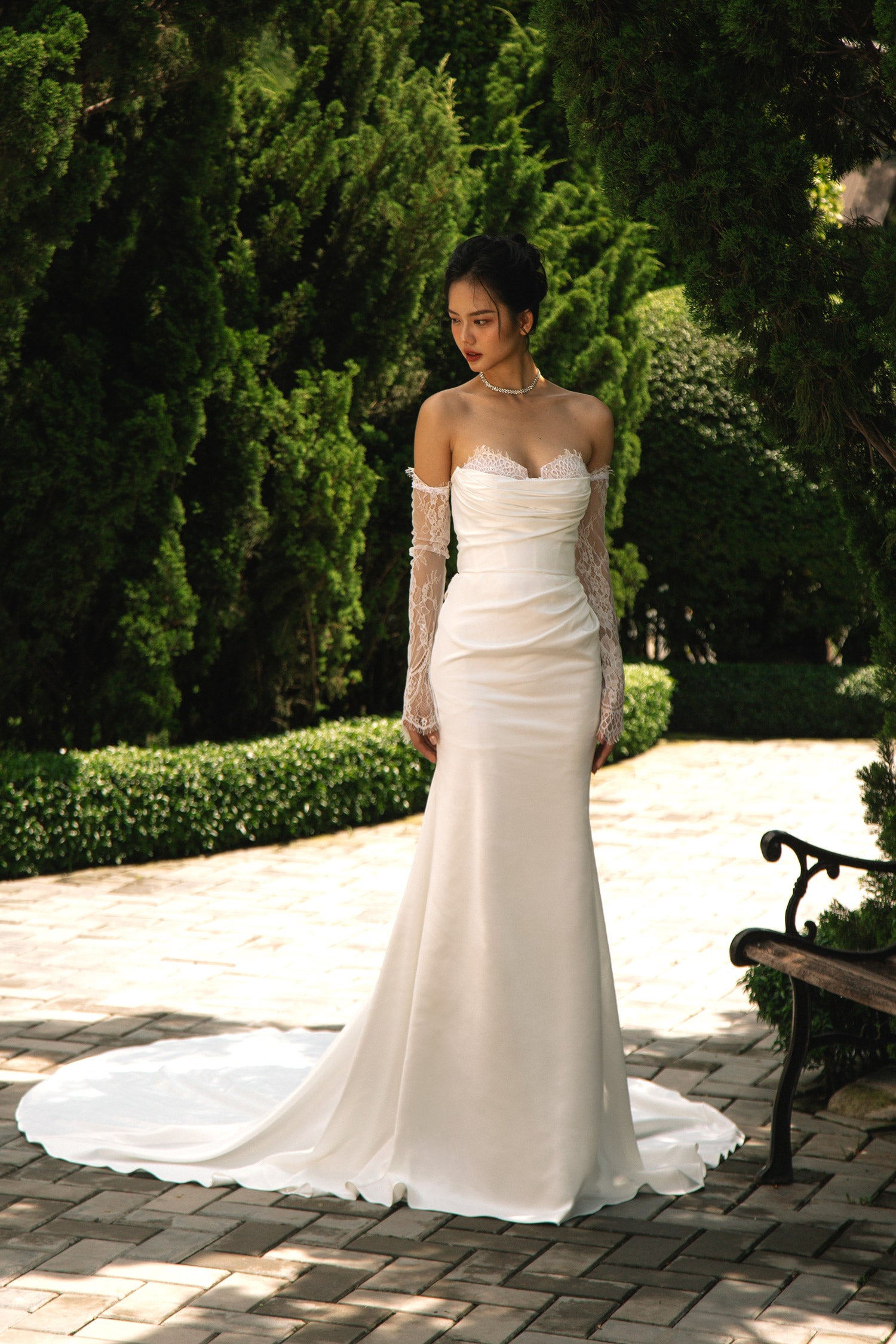 Fit & Flare Silk Wedding Dress with Draped Corset Sheer Lace Back ...