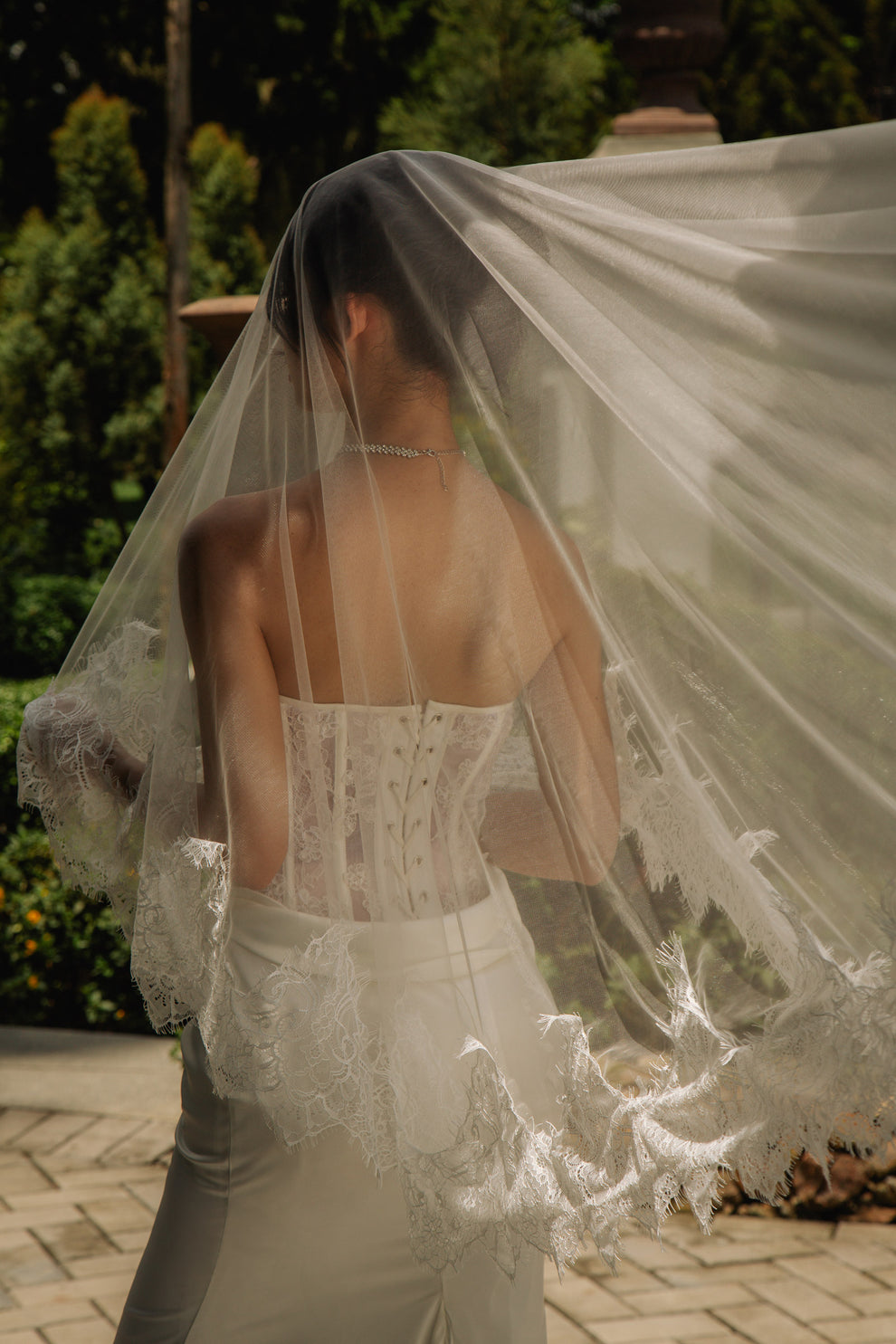 Fit & Flare Silk Wedding Dress with Draped Corset Sheer Lace Back ...