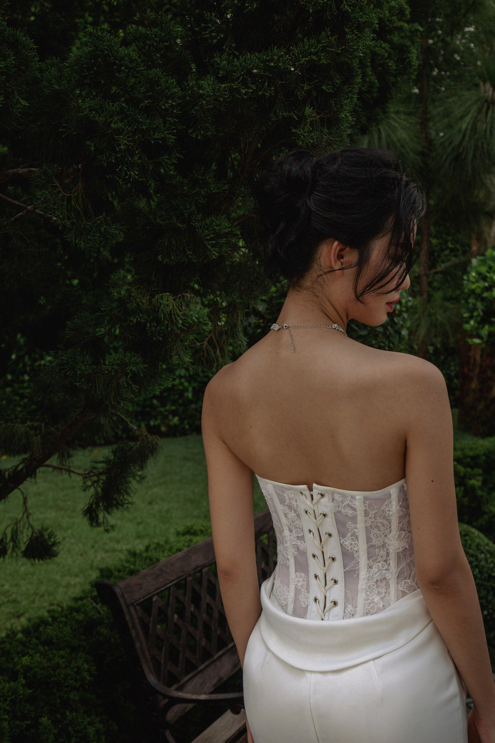 Fit & Flare Silk Wedding Dress with Draped Corset Sheer Lace Back ...